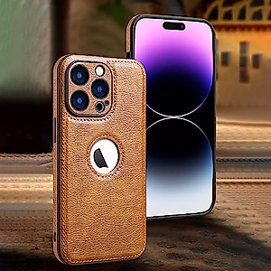 SunRemex for iPhone 14 Pro Max Case with Tempered Glass Screen Protector, Non-Slip Grip Vegan Leather Classic Luxury Elegant Thin Cover for iPhone 14 Pro Max(6.7") (Brown)