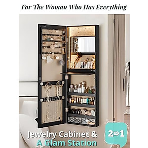 LUXFURNI Mirror Jewelry Cabinet Wall-Mount/Door-Hanging Armoire, Full length Mirror Lockable Makeup Storage Organizer w/Cosmetic Box (Black)
