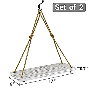 Wood Rope Hanging Floating Shelves Set of 2, Hanging Shelves for Wall Decor, Window Rope Wood Hanging Plant Shelf, Wall Hanging Rope Shelves for Living Room, Bedroom, Bathroom and Kitchen ( White)