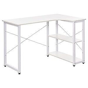 HOMCOM Industrial L-Shaped Computer Desk with 2 Side Shelves and Steel Frame, Corner Desk, Study Workstation for Home Office, White