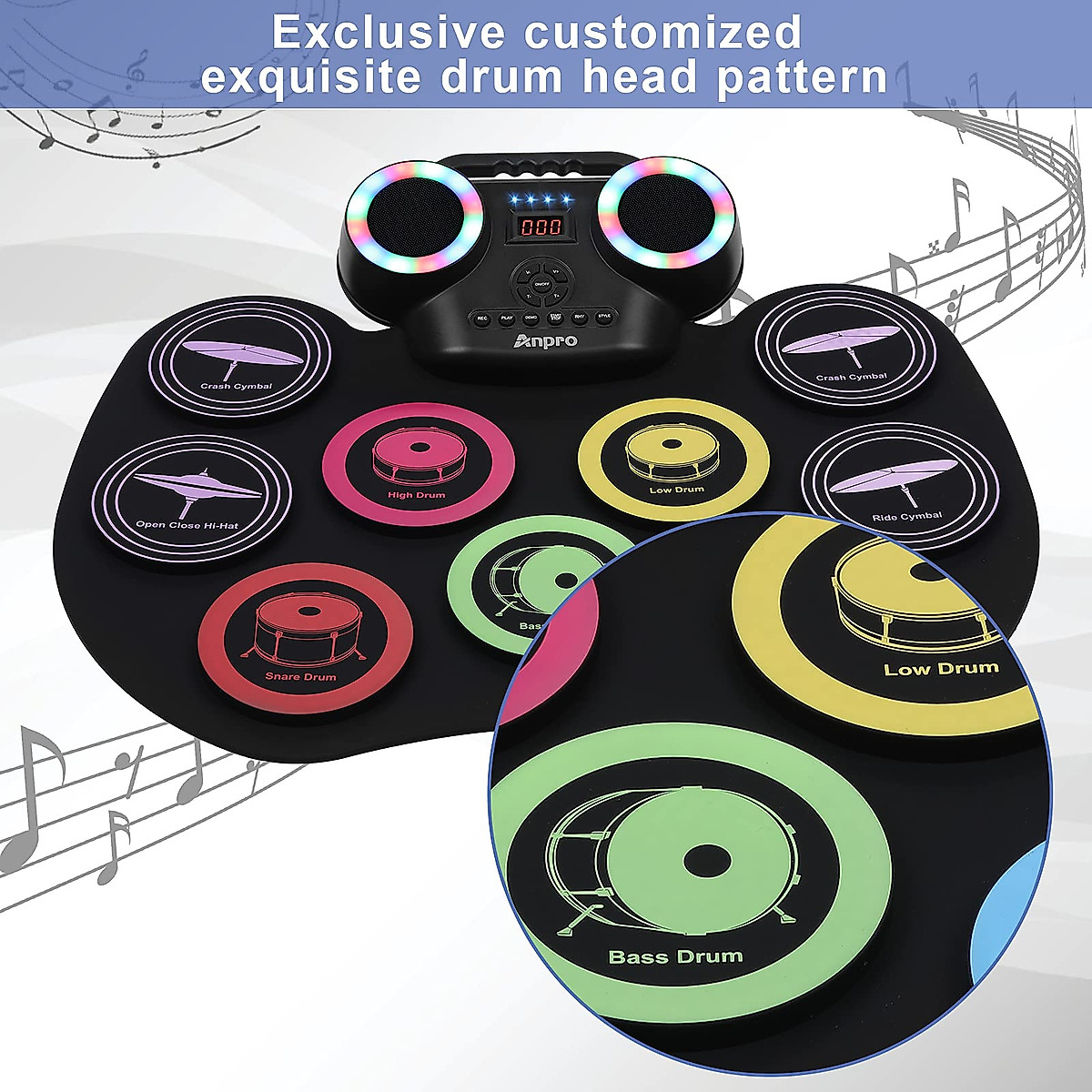 Anpro Electronic Drum Set for Kids | Adult, Musical Instrument Drum Practice Pad Kit with Headphone Jack, Built-in Speaker, Drum Pedals, Drum Sticks, Great Holiday Birthday Gift for Kids