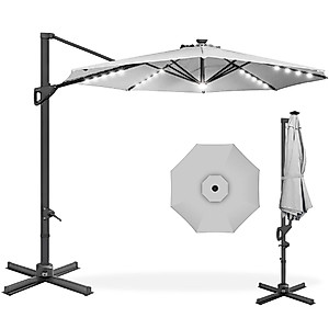 Best Choice Products 10ft Solar LED Cantilever Patio Umbrella, 360-Degree Rotation Hanging Offset Market Outdoor Sun Shade for Backyard, Deck, Poolside w/Lights, Easy Tilt, Cross Base - Fog Gray