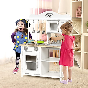 HONEY JOY Kids Wooden Kitchen Playset With Microwave, Sink, Stove & Oven, Cooking Accessories, Storage Shelf, Pretend Play Toy Kitchen Set, Gift for Boys Girls