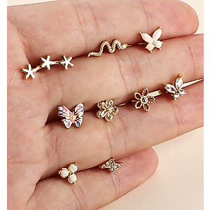 Dochais 9Pcs Cartilage Earrings for Women Stainless Steel Cartilage Butterfly Flower Star CZ Opal Helix Tragus Piercing Jewelry Gold