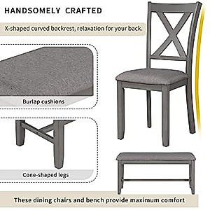 Merax Six Pieces Wooden Rectangular Dining Table Set with 4 Padded Chairs and Bench, Family Furniture, Grey-6
