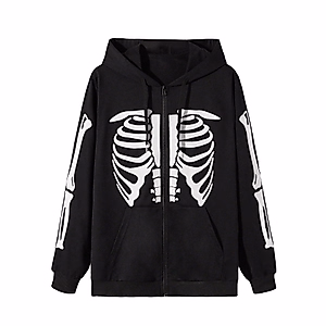 SHENHE Men's Skeleton Hoodie Drawstring Zip Up Graphic Sweatshirt Streetwear Black L