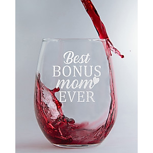 CARVELITA Best Bonus Mom Ever, 15oz Stemless Wine Glass, Mother's Day Gift for Stepmom, From Daughter, Son, Birthday Gift for Bonus Mom