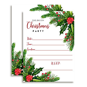 Watercolor Holly and Pine Christmas Holiday Party Invitations, 20 5"x7" Fill In Cards with Twenty White Envelopes by AmandaCreation