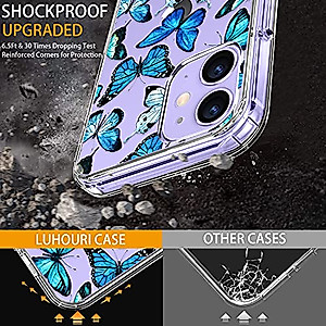 LUHOURI iPhone 12 Case, iPhone 12 Pro Case with Screen Protector, Clear Fashion Design Cover for Women Girls, Slim Fit Protective Phone Case for iPhone 12/12 Pro 6.1" Blue Butterflies Flower