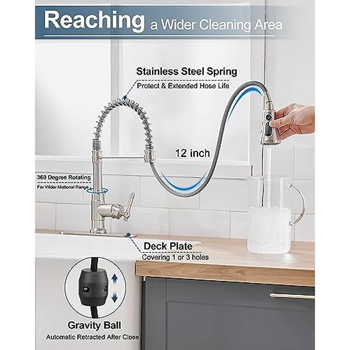 HOIGY Brushed Nickel Pull Down Kitchen Faucet and Bathroom Sink Faucet Set, 3-Function Pull-Out Kitchen Faucets with Deck Plate, 3 Hole Widespread Bathroom Sink Faucet with Pop-up Drain