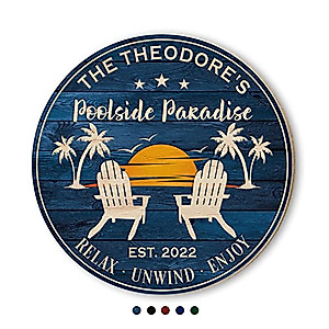 MUCHNEE Personalized Funny Swimming Pool Zone Printed Sign for Backyard Paradise Patio Oasis Waterfront - Relax Unwind Enjoy Round Wood Plaque Indoor Decorations - Gift for Birthday Housewarming