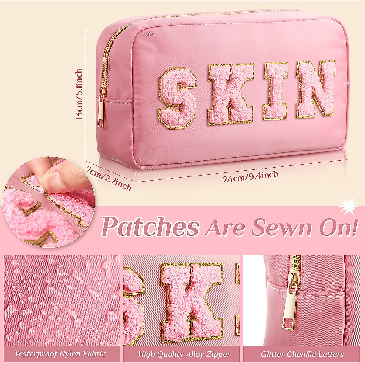 Remerry 4 Pcs Nylon Cosmetic Bag Travel Organizer Chenille Letter Makeup Pouch Zipper Preppy Waterproof Hair Bag Toiletry Pouch for Women Girls(Light Brown, Beige, Light Pink, White)