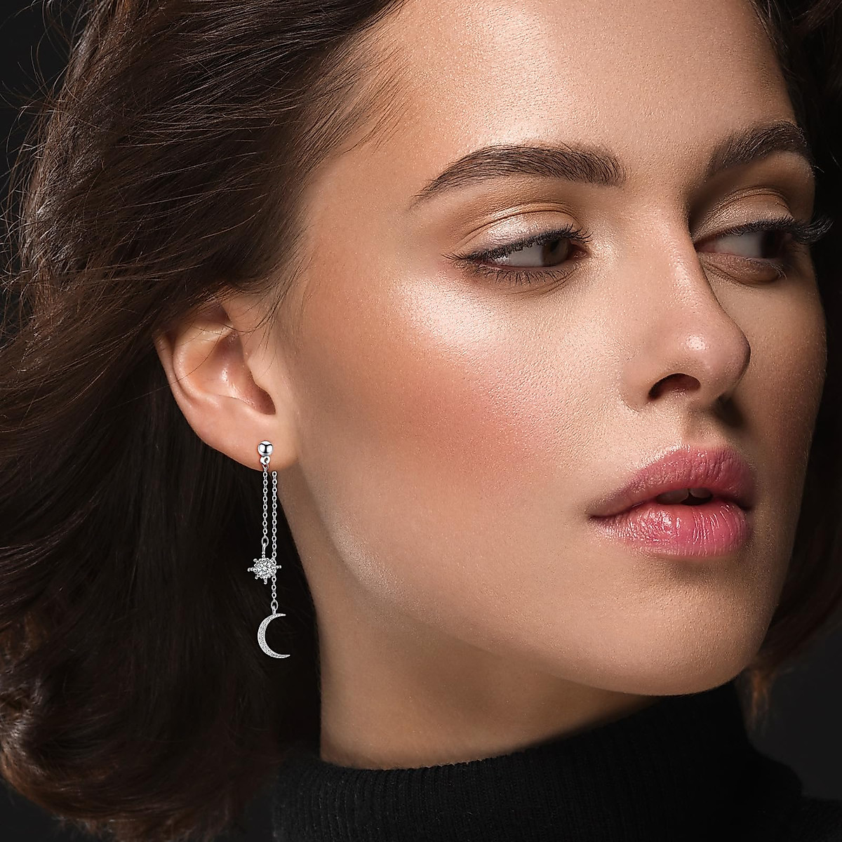 925 Sterling Silver Moon Star Earrings for Women Crescent Dangle with Cubic Zirconia Celestial Jewelry for Wedding