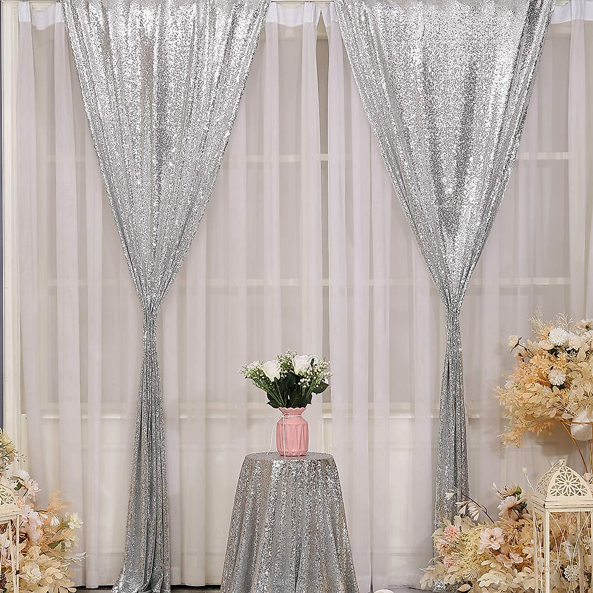 Poise3EHome 2Pcs 3Ft x 8Ft Silver Sequin Backdrop Curtain, Glitter Photography Background, Sequence Xmas Thanksgiving Backdrop for Wedding Party Holiday Festival Decor