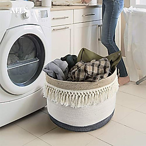 AELS XXXLarge 22"x22"x15" Rope Boho Basket Woven Baby Laundry Basket for Blankets Toys Storage Basket with Handle Comforter Cushions Storage Bins Thread Laundry Hamper-Brown White Gray 93 Liters
