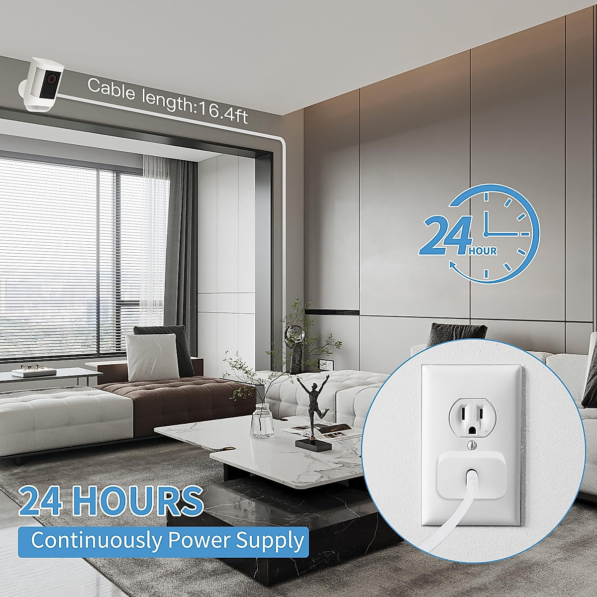 25ft/7.5m Weatherproof Charger Cable for Ring Spotlight Cam Plus/Pro(Battery), Ring Stick Up Cam Pro(Battery), with Power Adapter Continuously Charging Your Ring Camera