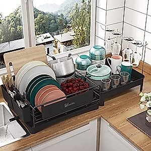 1Easylife Dish Drying Rack, 2 Pieces Large Dish Rack Drainboard Set for Kitchen Counter, Rustproof Dish Drainers with Drainboard, Adjustable Swivel Spout, Wineglass and Utensil Holder for Big Family