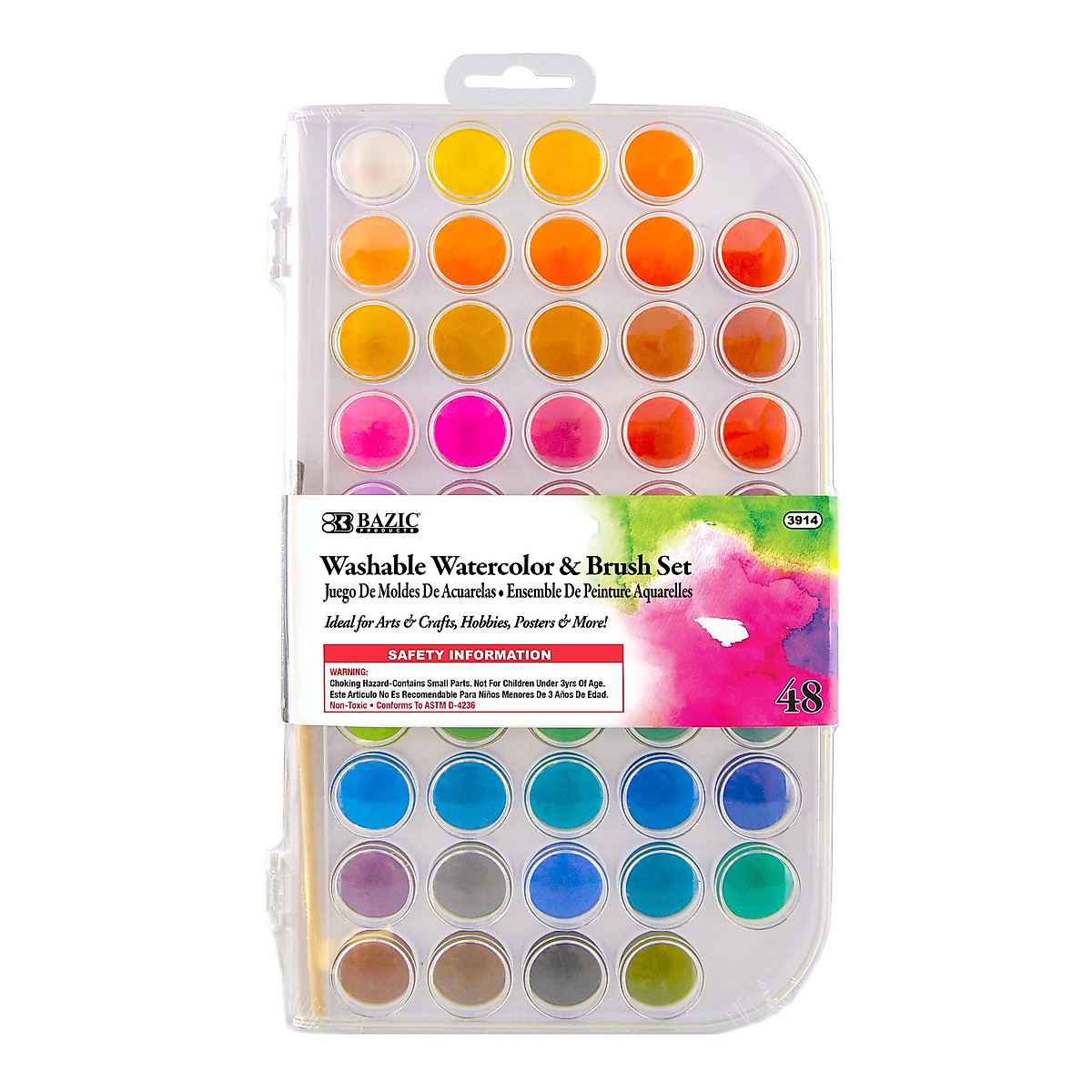 BAZIC Watercolor w/ Brush & Mixing Palette, 48 Color Non-Toxic Paint Set, for Hobby Fun Art Supplies Vibrant Painting, Gift for Kids Artists, 1-Pack
