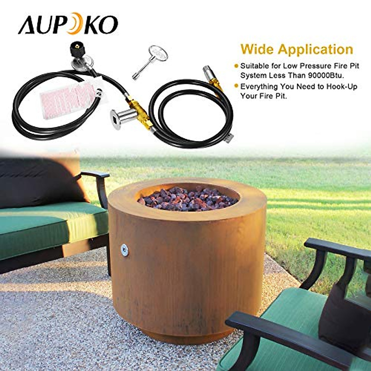 Aupoko Fire Pit Installation Kit with 90K BTU Propane Gas Valve Control Assembly System Kit, Including 1/2' Chrome Key and Quarter-Turn Shut-Off Valve, Replacement for Propane Gas Connection