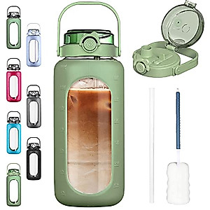 BLUEGO 64 oz Glass Water Bottles with Straw Time Marker Half Gallon Large Motivational Bottle Silicone Sleeve 2 Liter Jug for Gym, Sports& Workout, Olive