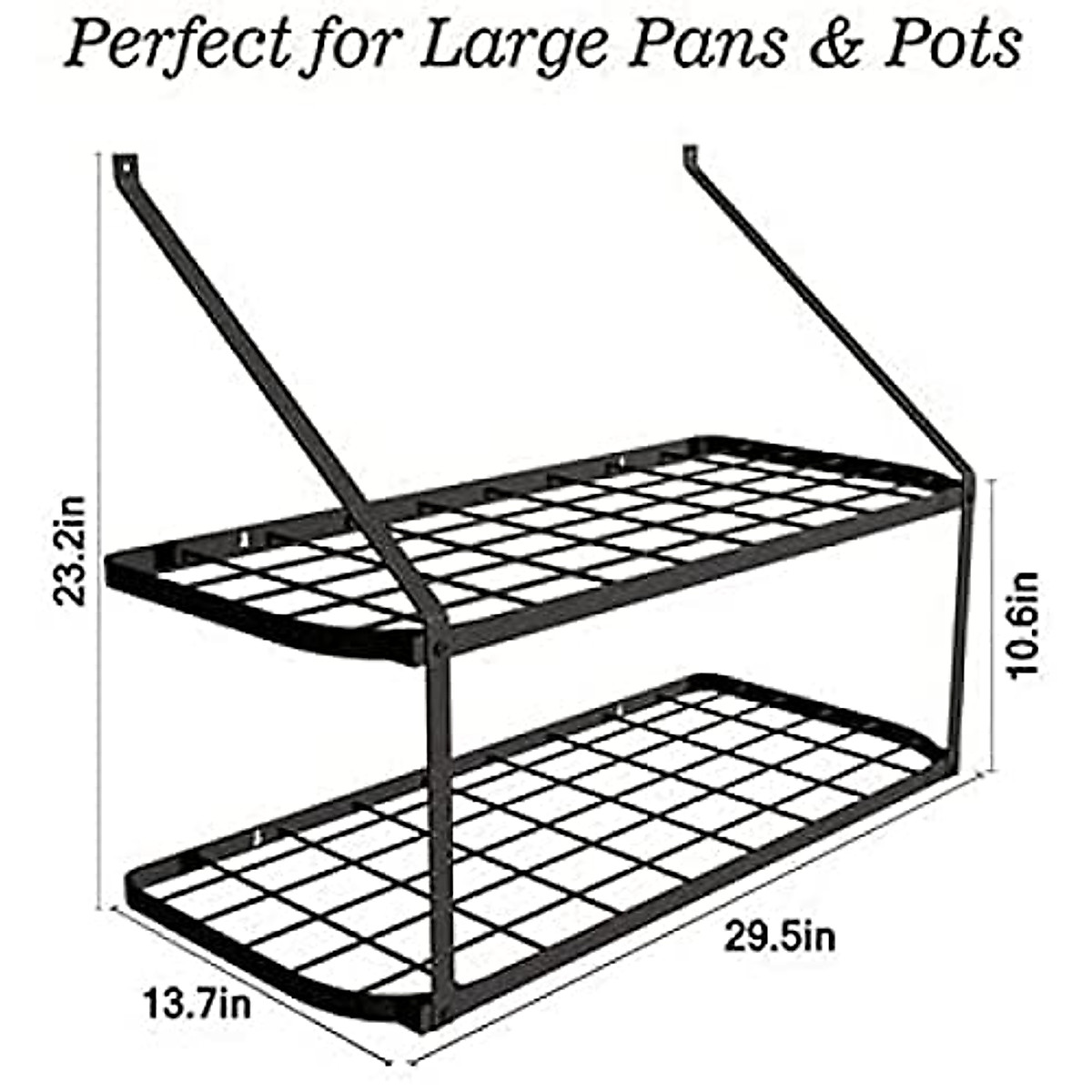 BERTY·PUYI Hanging Rack Mounted Kitchen Pot Rack for Kitchen Storage and Organization Matte Black 2 Tier Wall Shelf for Pots and Pans with 12 Hooks