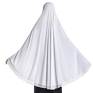 khalat Women's Elegant Hijab Lace Trim Muslim Islamic Ramadan Soft Lightweight Hijab Long Scarf White