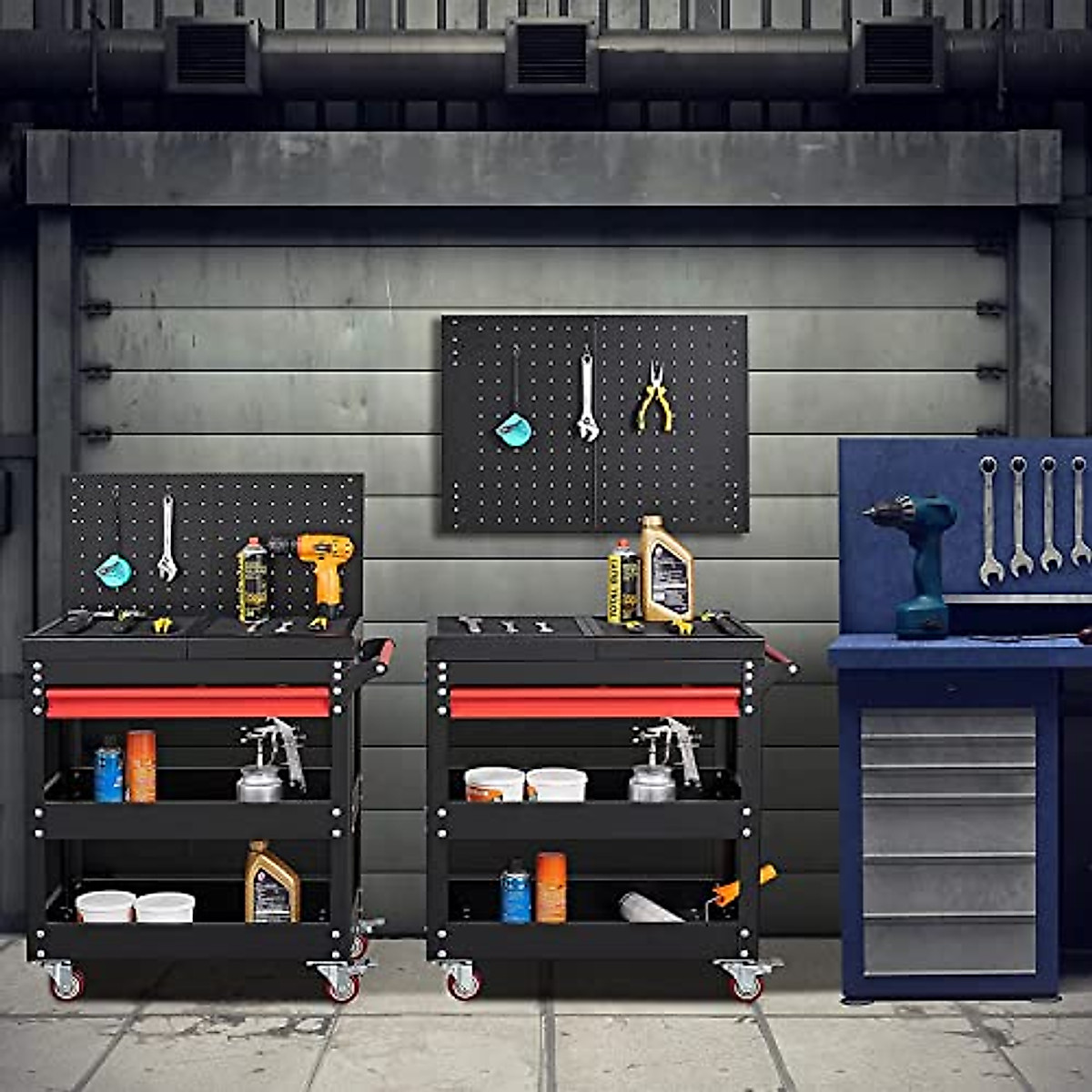 WIILAYOK Tool Cart, 3 Tier Rolling Tool Cart on Wheels with Storage Drawers & Sliding Top, Removable Pegboard, Industrial Service Utility Tool Cart for Mechanics, Garage, Workshop