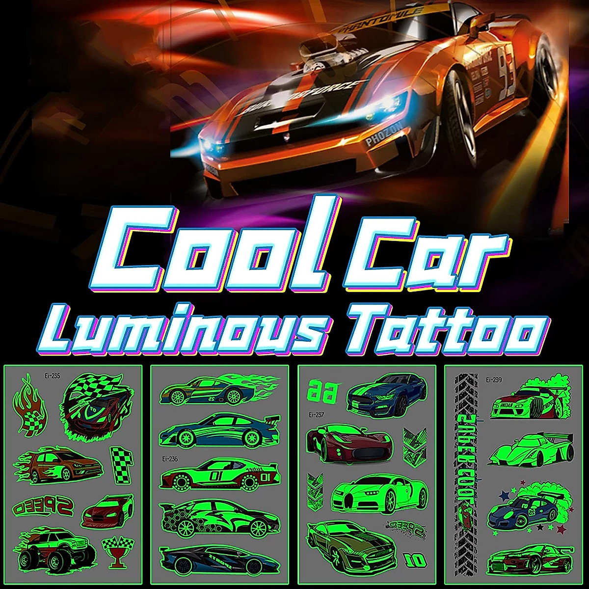 6 Sheets Car Temporary Tattoos for Kids Boys Glow Race Car Body Stickers Waterproof Tattoo Stickers Luminous Vehicle Cute Tattoo Sticker Gifts Birthday Party Supplies Favors Bag Filler Decorations