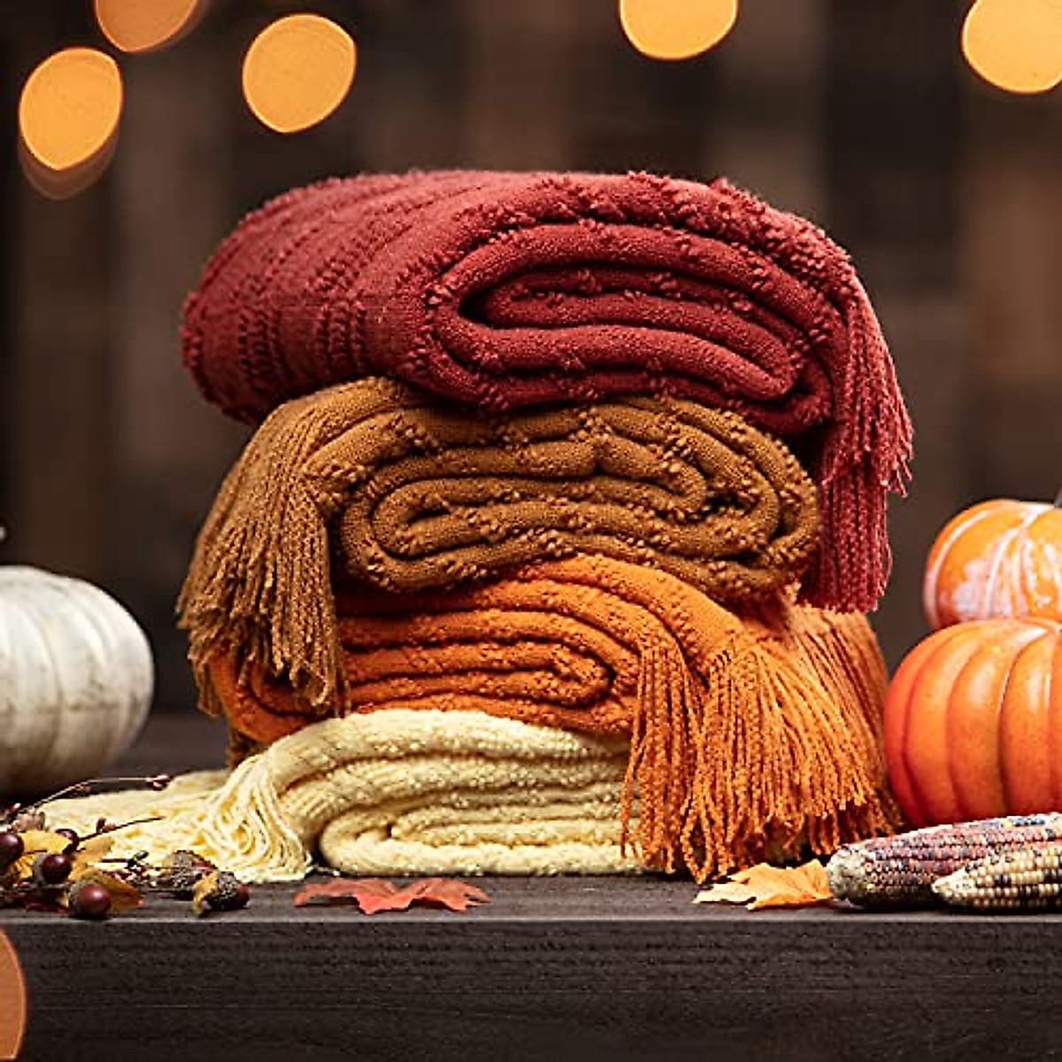 Chanasya Orange Throw Blanket with Tassels - Acrylic Knitted Super Soft Warm Cozy Lightweight Chic Boho Pumpkin Blanket for Fall Bed Sofa Chair Couch Cover Living Bed Room (50x65 Inches) Orange