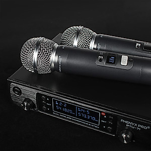 Phenyx Pro Wireless Microphone System Dual Wireless Mics,w/ 2 Handheld Dynamic Microphones, 2x100 Adjustable UHF Channels, Auto Scan,328ft Range,Microphone for Singing, Karaoke, Church(PTU-71-2H)