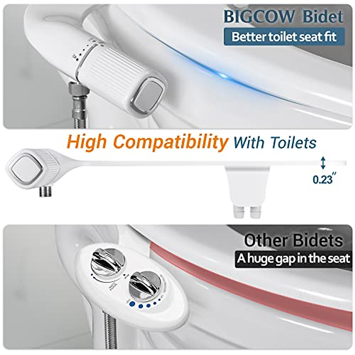 BIGCOW Bidet Attachment for Toilet, Ultra-Slim Dual Nozzle (Frontal & Rear Wash) Hygienic Toilet Bidet, Fresh Cold Water Pressure Adjustable Bidet Attachment with Stainless Steel Inlet