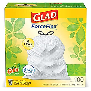 GLAD ForceFlex Tall Drawstring Trash Bags, 13 Gallon White Trash Bags for Tall Kitchen Trash Can, Gain Original Scent to Eliminate Odors, 100 Count - Packaging May Vary