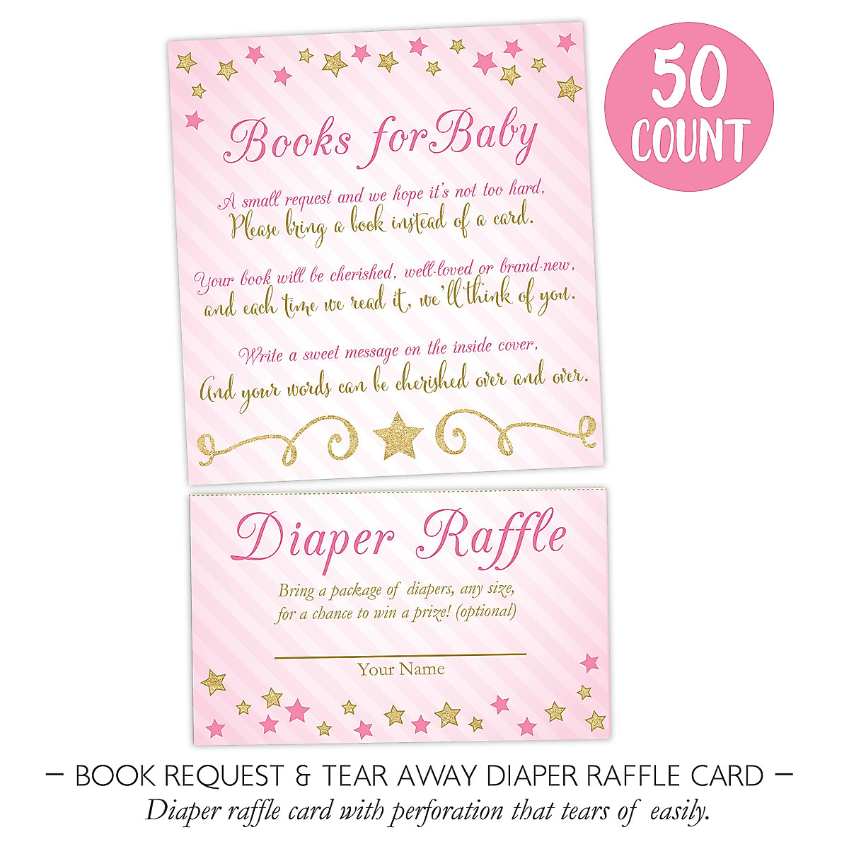 Your Main Event Prints Pink Twinkle Twinkle Little Star Baby Shower Diaper Raffle Card Ticket, Twinkle Little Star Book Request Card, Gold, 50 Count