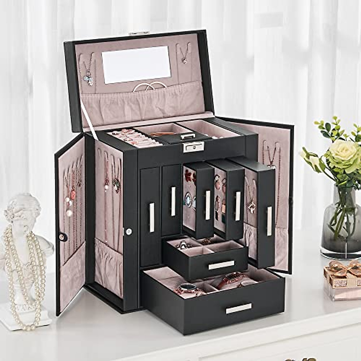 ANWBROAD Large Jewelry Organizer Boxes Jewelry Storage Box for Necklace Eardrop Watch Ring Jewelry Storage Case PU Leather Jewelry Holder with Lock Mirror Jewelry Boxes for Women UJJB019B