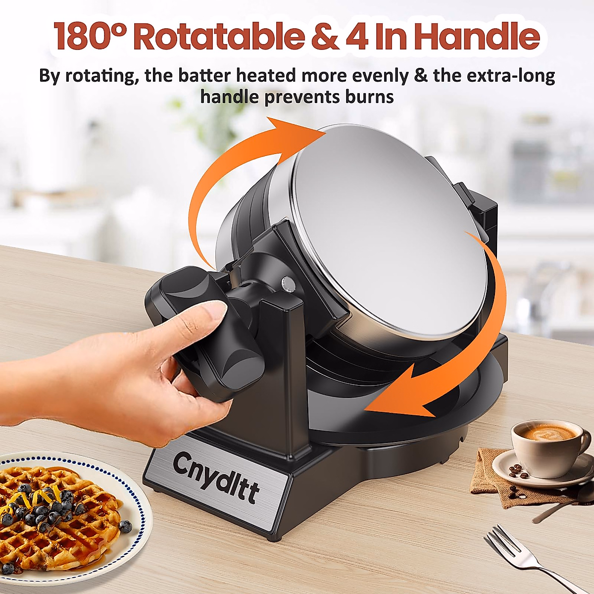Cnydltt Double Waffle Maker, 1400W Rotating Belgian Waffle Iron with Nonstick Plates, 180° Flip, 8-Slice, Removable Drip Tray, Locking Lid & Cool Touch Handles, Stainless, Black