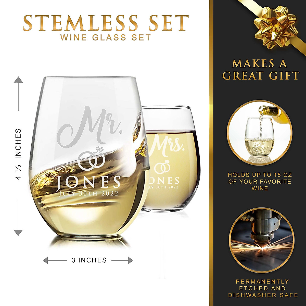 Mr and Mrs Wine Stemless Glasses - Personalized Engraved Wedding for Couples - Custom Monogrammed - Set of 2
