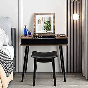 GOFLAME Vanity Table Set with Flip Top Mirror and Stool, Industrial Makeup Dressing Table with 3-Color Lighting Modes & USB Charging Port, 2-in-1 Vanity Desk & Writing Desk for Bedroom, Dressing Room