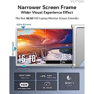 YUTOO 14" Triple Monitor for Laptop, [Only 1 Cable to Connect][16:10], FHD 1200P IPS Display, Laptop Monitor Screen Extender, for Windows, MacOS for 15”-17.3” Laptop