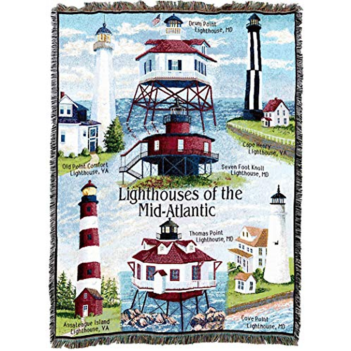 Lighthouses of the Mid-Atlantic Blanket - Old Point Drum Pt Seven Foot Cape Henry Assateague Thomas Point Cove Point - Coastal Ocean Gift Tapestry Throw Woven from Cotton - Made in the USA (72x54)