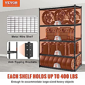 VEVOR Storage Shelving Unit, 5-Tier Adjustable, 2000 lbs Capacity, Heavy Duty Garage Shelves Metal Organizer Wire Rack, Black, 48" L x 24" W x 72" H for Kitchen Pantry Basement Bathroom Laundry Closet