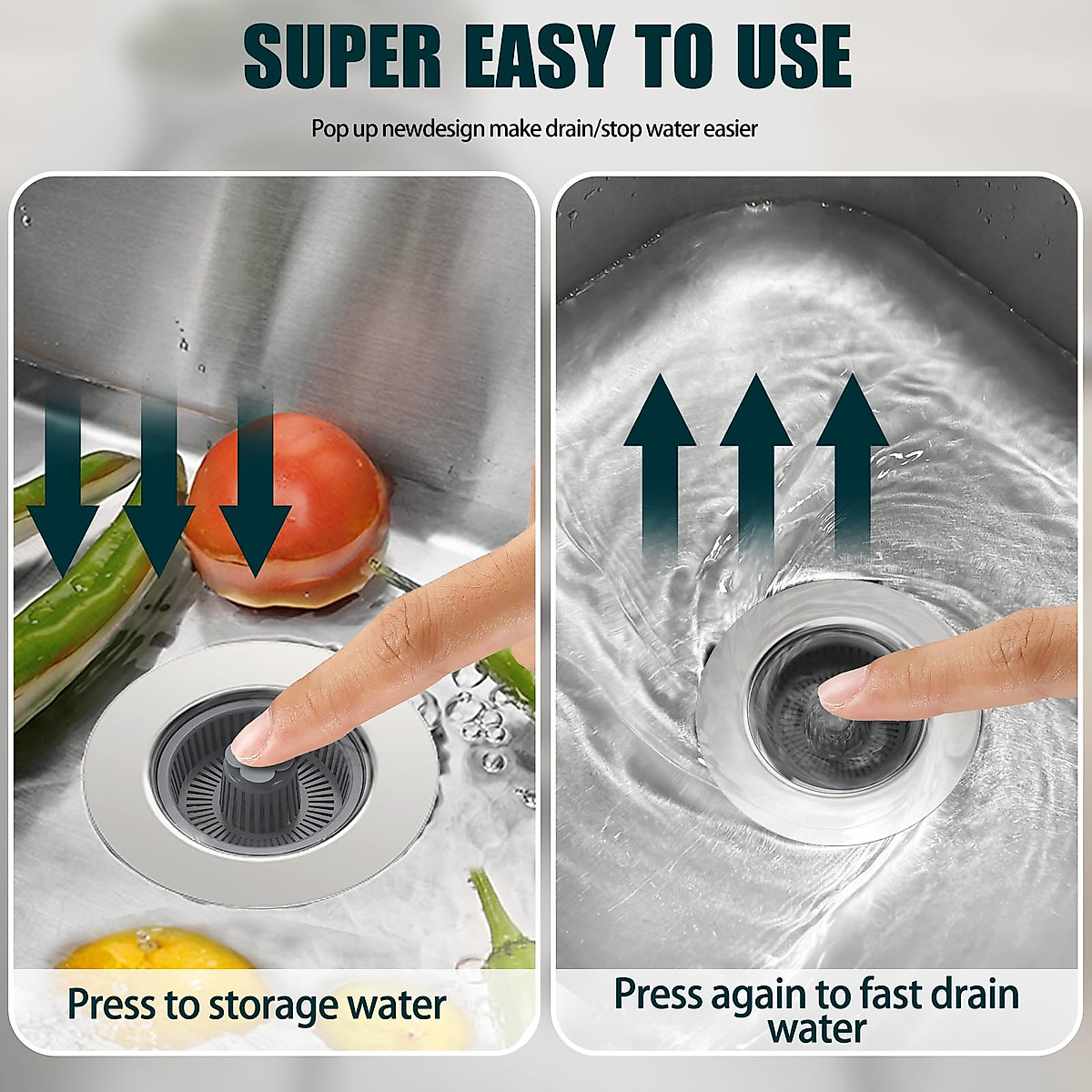 Upgraded 3 in 1 Kitchen Sink Drain Strainer - Stopper Set, Stainless Steel Kitchen Sink Stopper, Pop Up Anti-Clogging Sink Strainer Basket Filter for US Standard 3-1/2 Inch Kitchen Drain(1Pack)