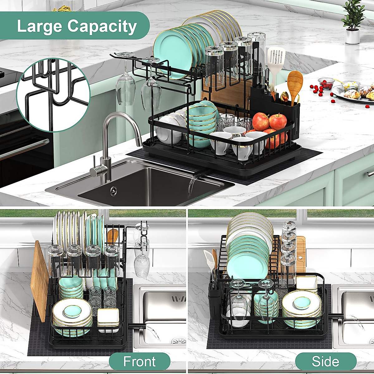 SouAny 2 Tier Dish Drying Rack with Drainboard, Large Dish Organizer and Strainer Set for Kitchen Counter with Mat, Wine Glass Holder and Utensil Holder