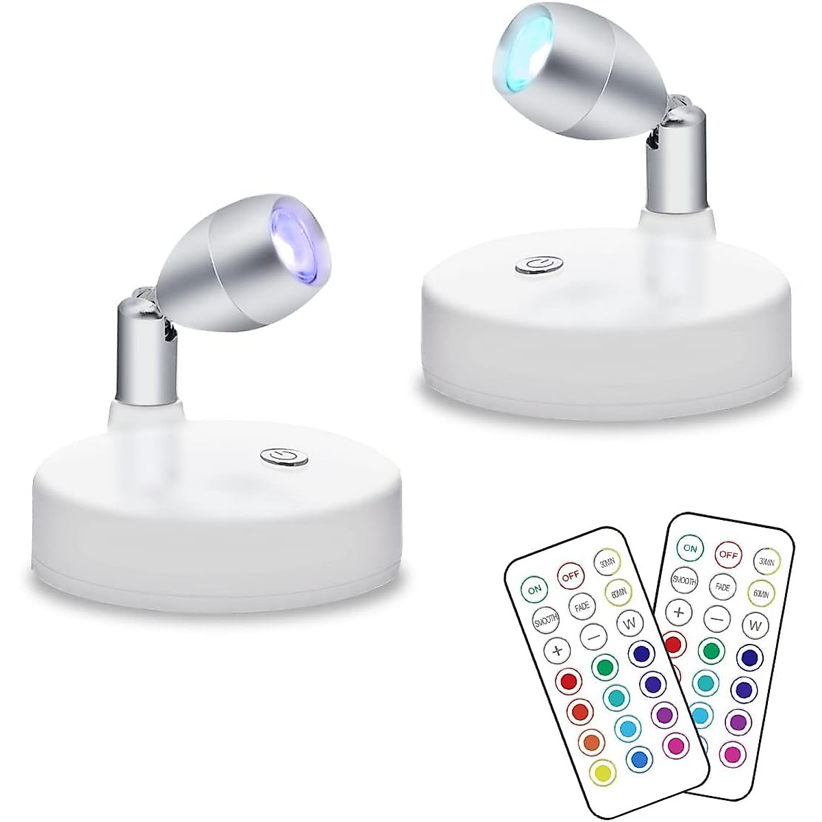 KINDEEP RGB Wireless LED Spotlight, Battery Operated Accent Lights, Indoor Mini Puck Light, Dimmable Uplight with Remote, 4000K Warm White, Stick on Wall Light with Rotatable Head, Silver, 2 Pack