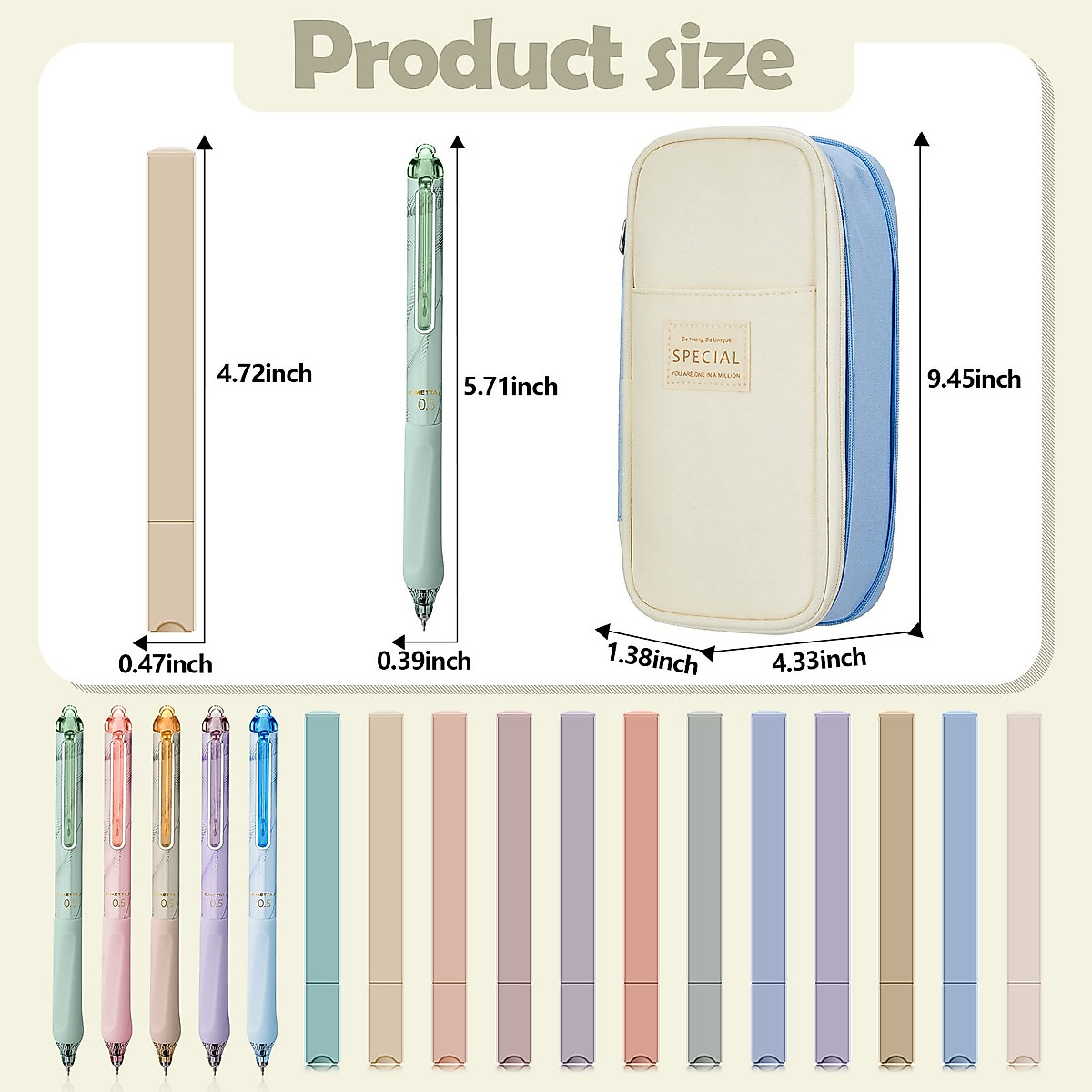 18 Pcs Aesthetic School Supplies Including Big Capacity Pen Case Bag with Zipper 12 Pcs Chisel Tip Aesthetic Cute Highlighters 5 Pcs Retractable Quick Dry Black Ink Pens(Light Blue, Fresh Style)