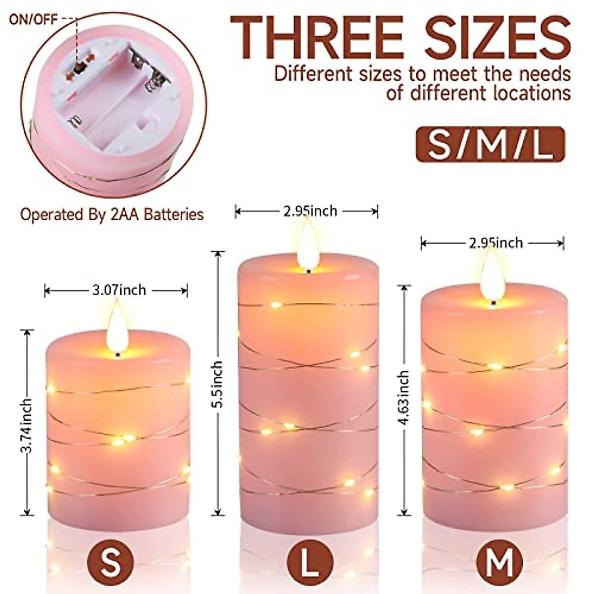 Da by Flameless Candles with String Lights，Battery Operated Candles,LED Flickering Candles with Remote Control and Timer, Real Wax, 3 Pack-Pink