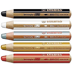 STABILO Multi-talented Pencil woody 3-in-1 - Basic Box of 5 - Silver, Gold, White, Black, Red + Sharpener