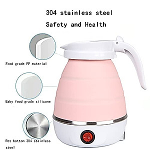 Travel Kettle Electric Small Foldable Portable Kettle,Silicone Collapsible Heating Water Boiler Tea Pot for Camping,Easy for Storage with Separable Power Cord (Pink)