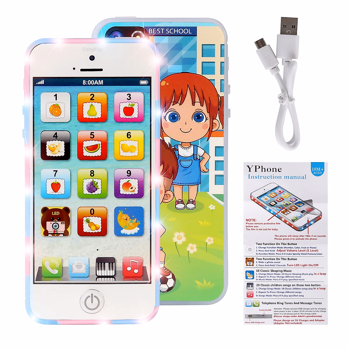 Cooplay Learning Smart Phone Toy Music Lullaby Song Touch Screen Type-C Recharable Cell Phone Mobile Yphone for Toddler Baby