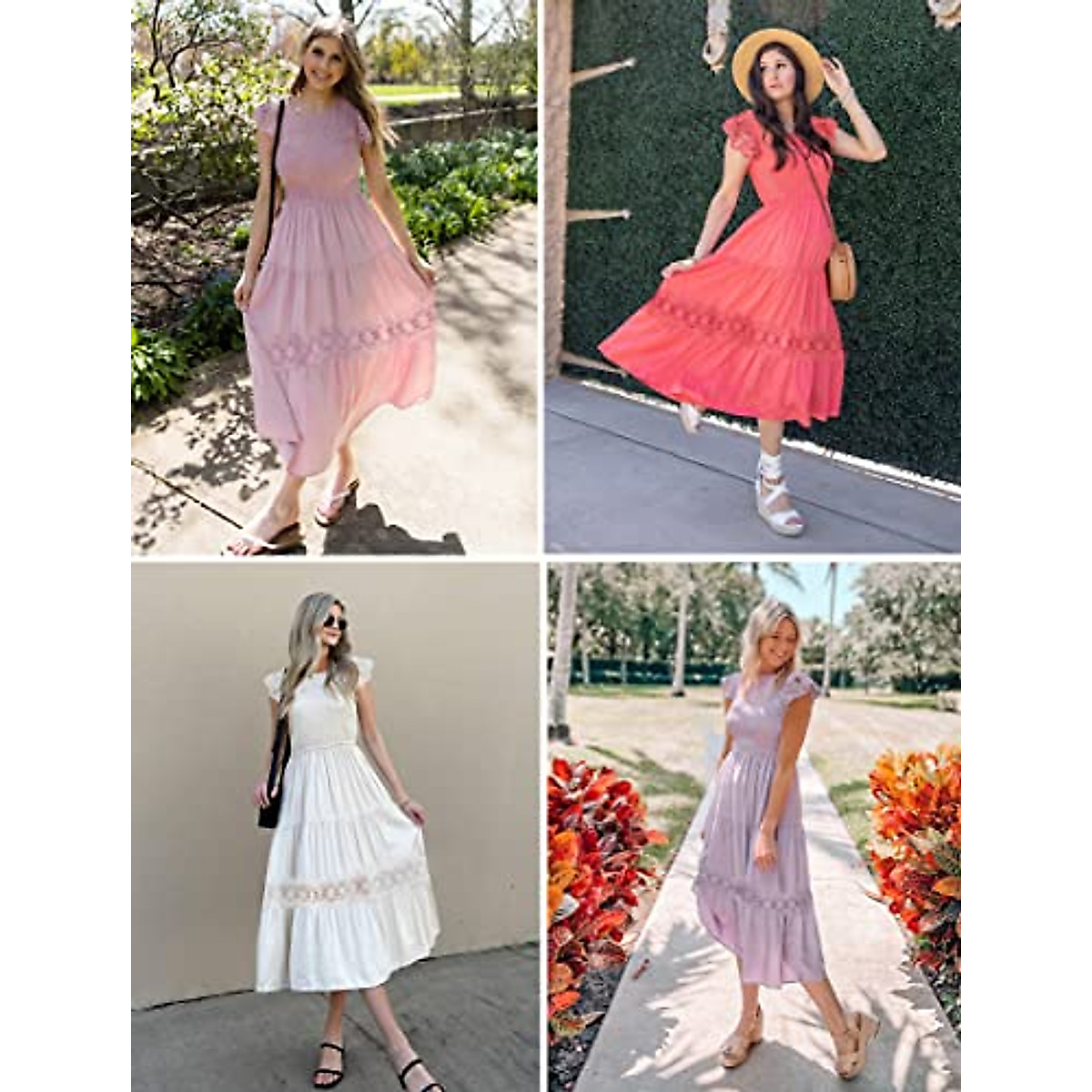 ZESICA Women's 2023 Casual Crew Neck Flutter Sleeve Smocked High Waist Hollow Out Lace Trim Tiered A Line Midi Dress,Black,Small