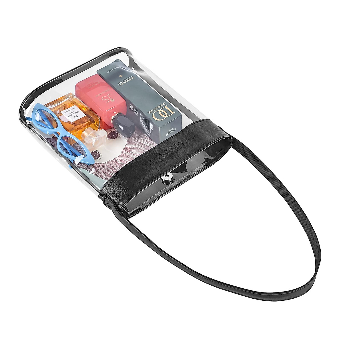 UEASE Clear Bucket Bag with Magnetic Buckle Closure Women PVC Shoulder Handbag for Stadium Approved (Black)